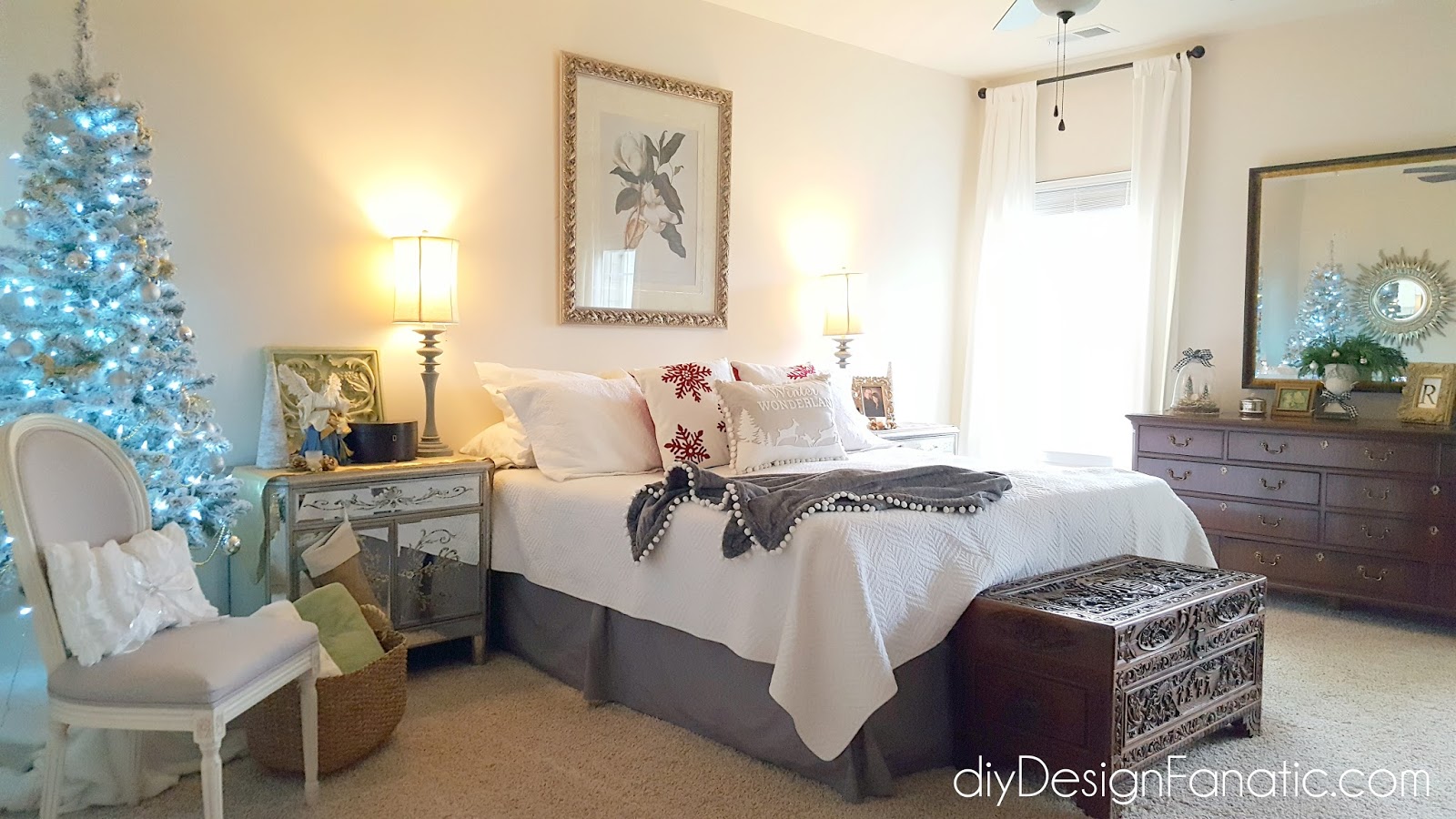 $30 Christmas tree, flocked tree, Christmas decorating, master bedroom ...