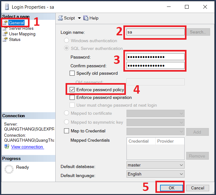 Hướng dẫn bật tài khoản sa trong SQL Server - QThang Blog