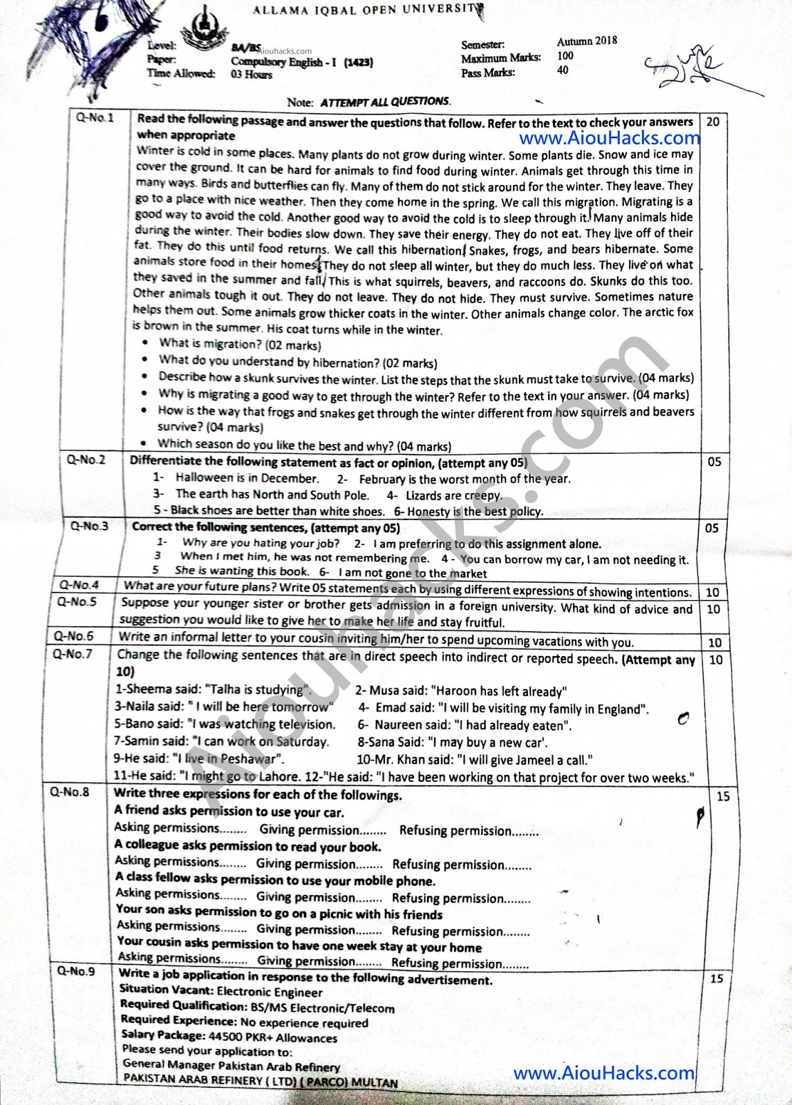 Aiou BA/BS 1423 Compulsory English-I Past Papers Autumn Spring