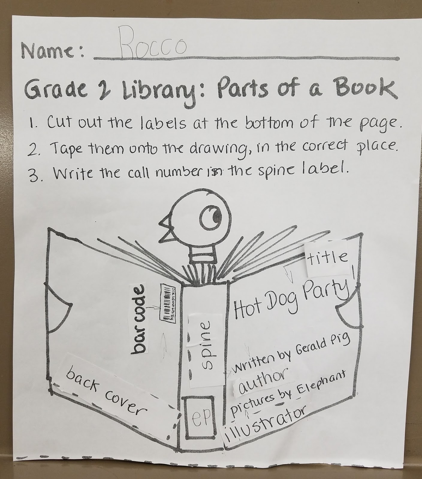 Oak Lawn Library Goings-On: Labeling Book Parts with Grade 2