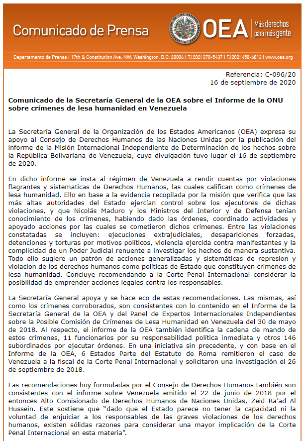 #COMUNICADO de la Secretaría General de la #OEA sobre el Informe de la #ONU sobre crímenes de ...