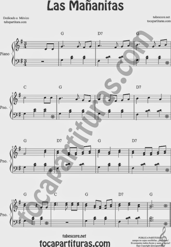 diegosax: Las Mañanitas Partitura de Piano Fácil para Principiantes ...