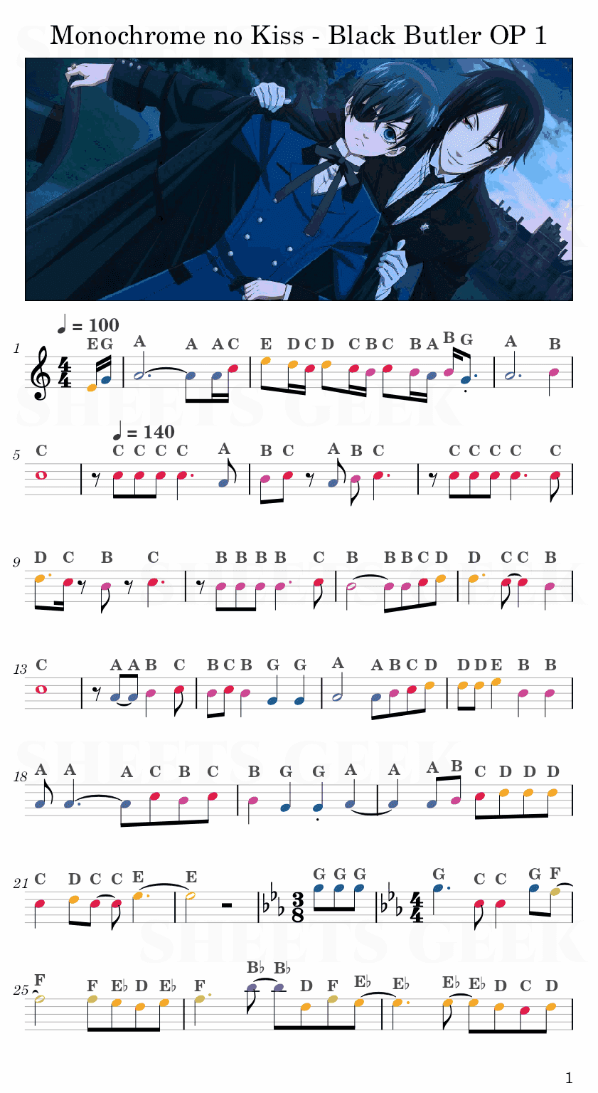 Monochrome no Kiss - Black Butler OP 1 | Easy Sheet Music