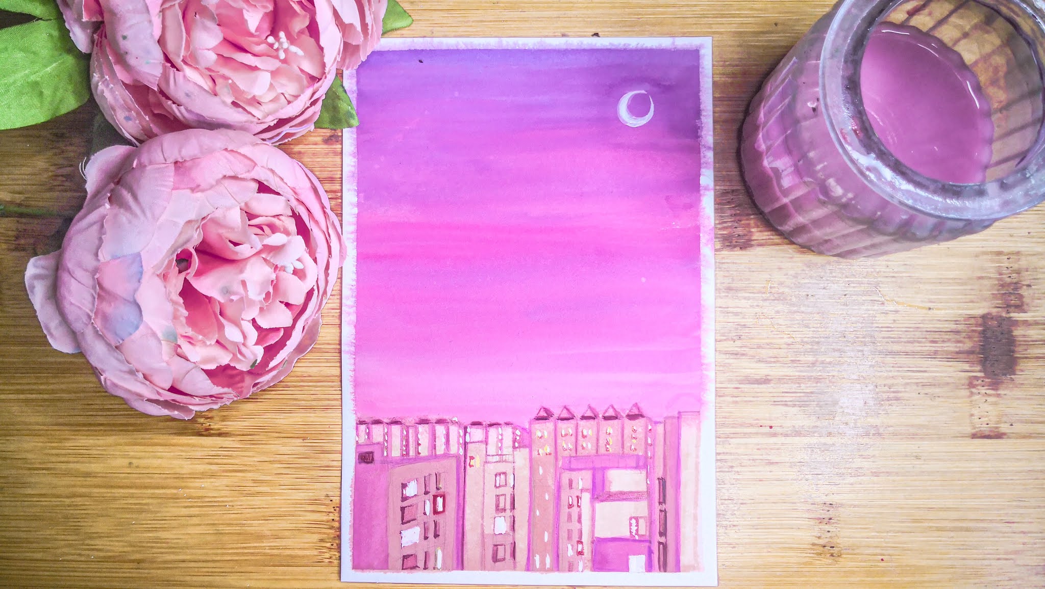 How to draw a pink style sunset with watercolor tutorial step by step ...