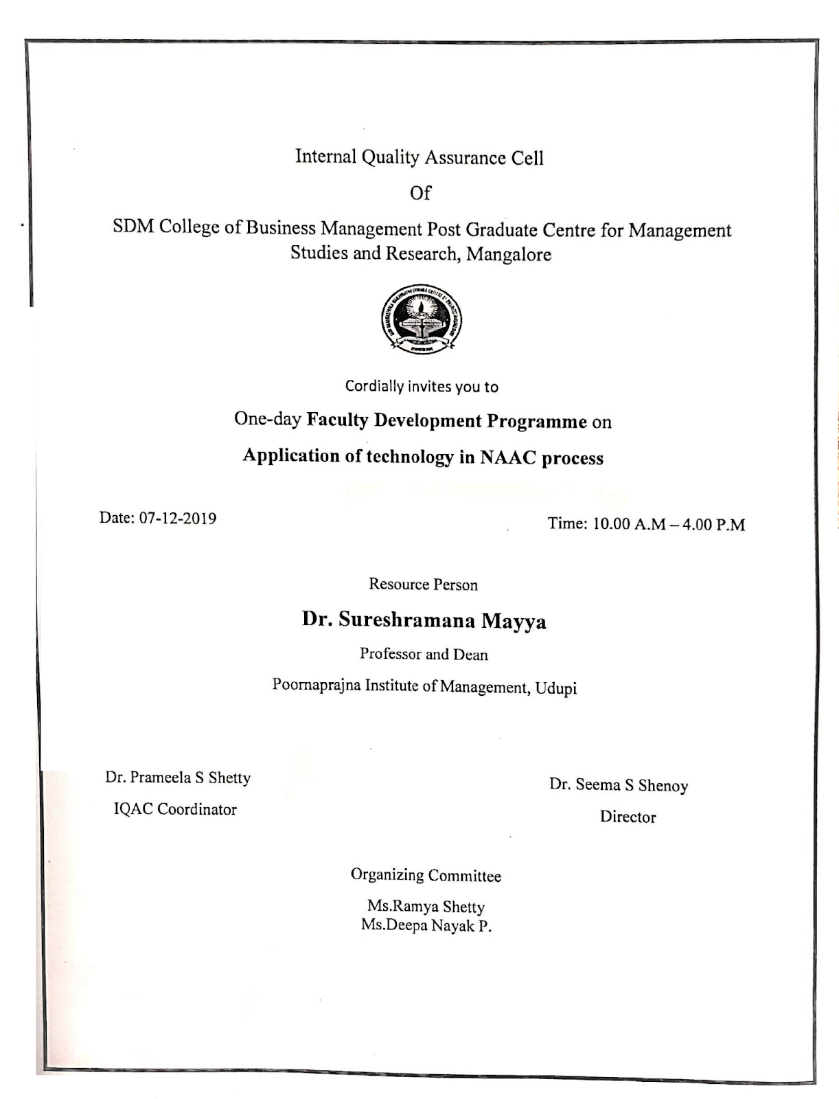 Faculty Development Program on Technology at SDM Post Graduate Centre ...