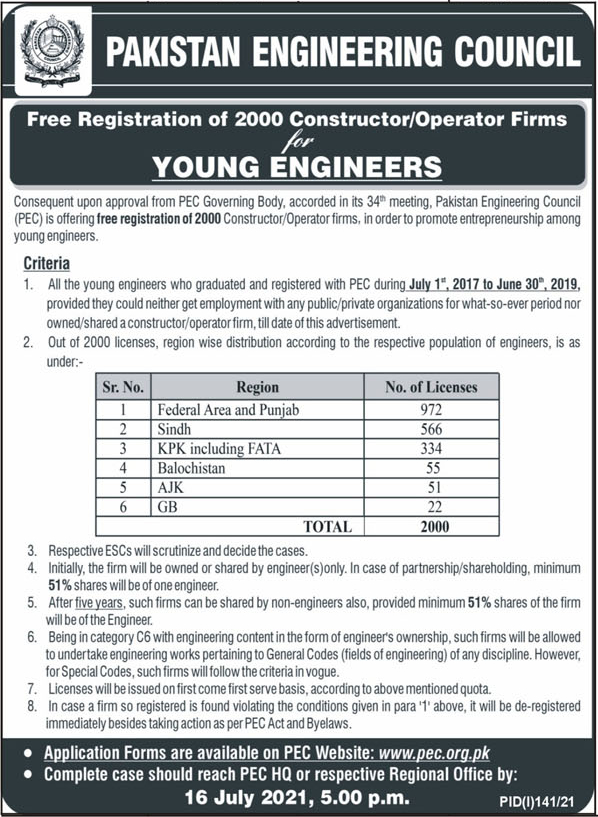 Pakistan Engineering Council PEC free registration For Young Engineers