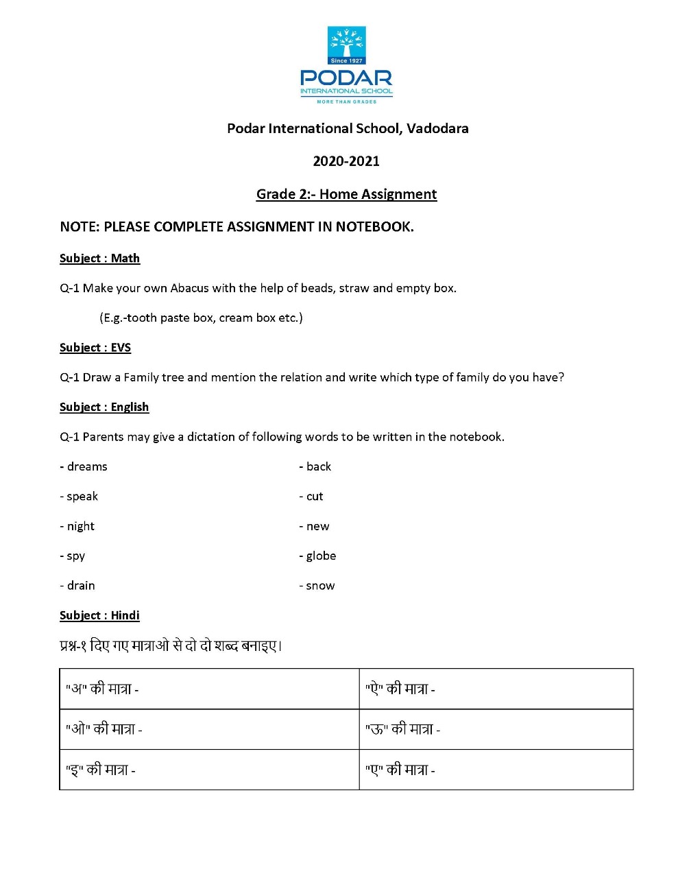 Grade 2 Summer vacation Assignment with guidelines.