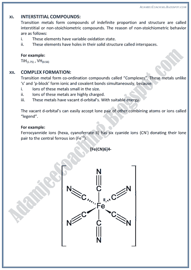 Adamjee Coaching: XII Chemistry Notes - D Block Elements