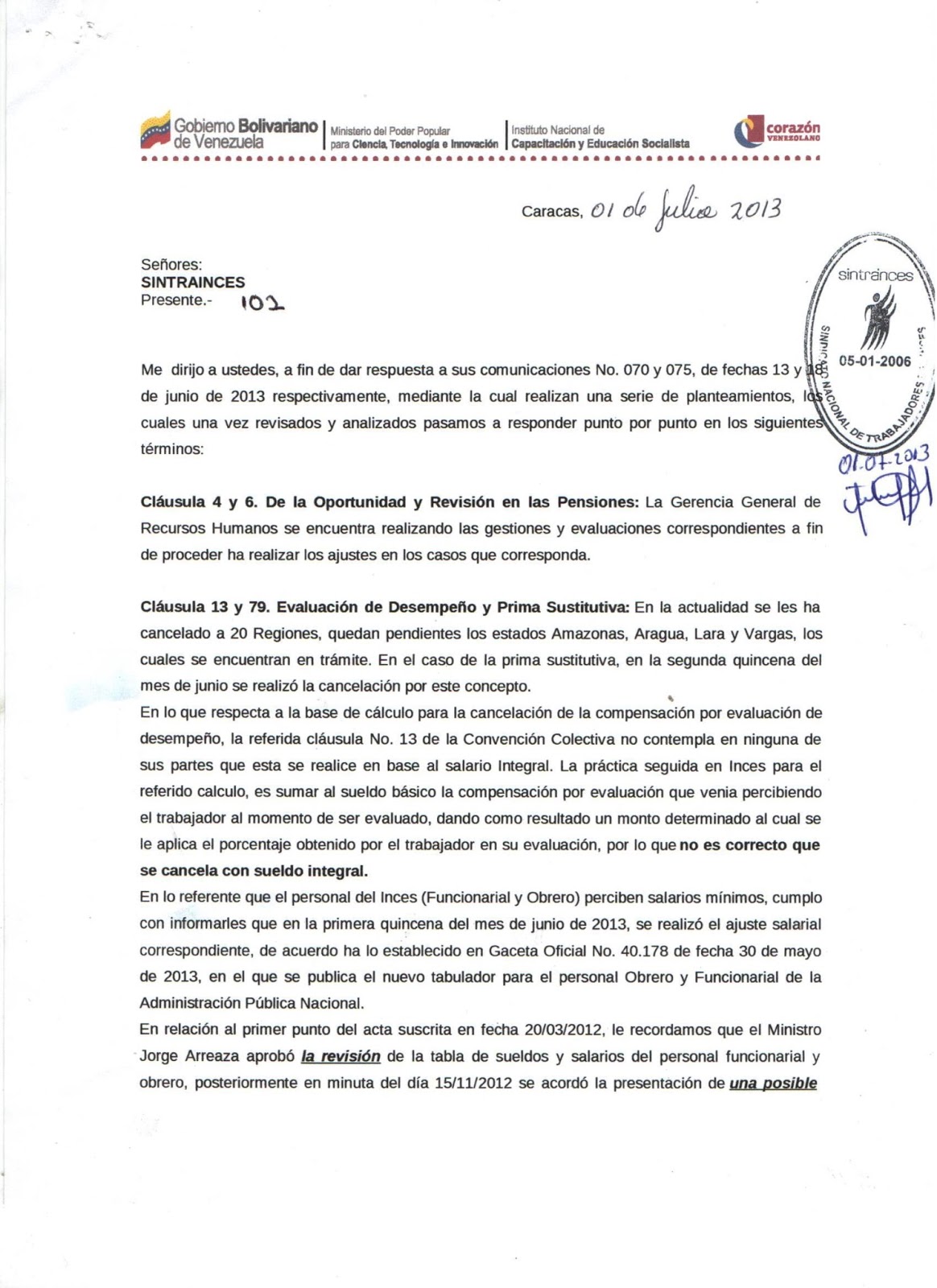 Sintrainces Nacional: Comunicación al Presidente del Inces, Julio 2013