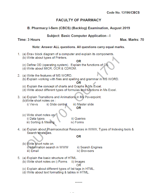 Osmania University B. Pharmacy I-Semester (CBCS) (Backlog) Subject : Basic Computer Application ...