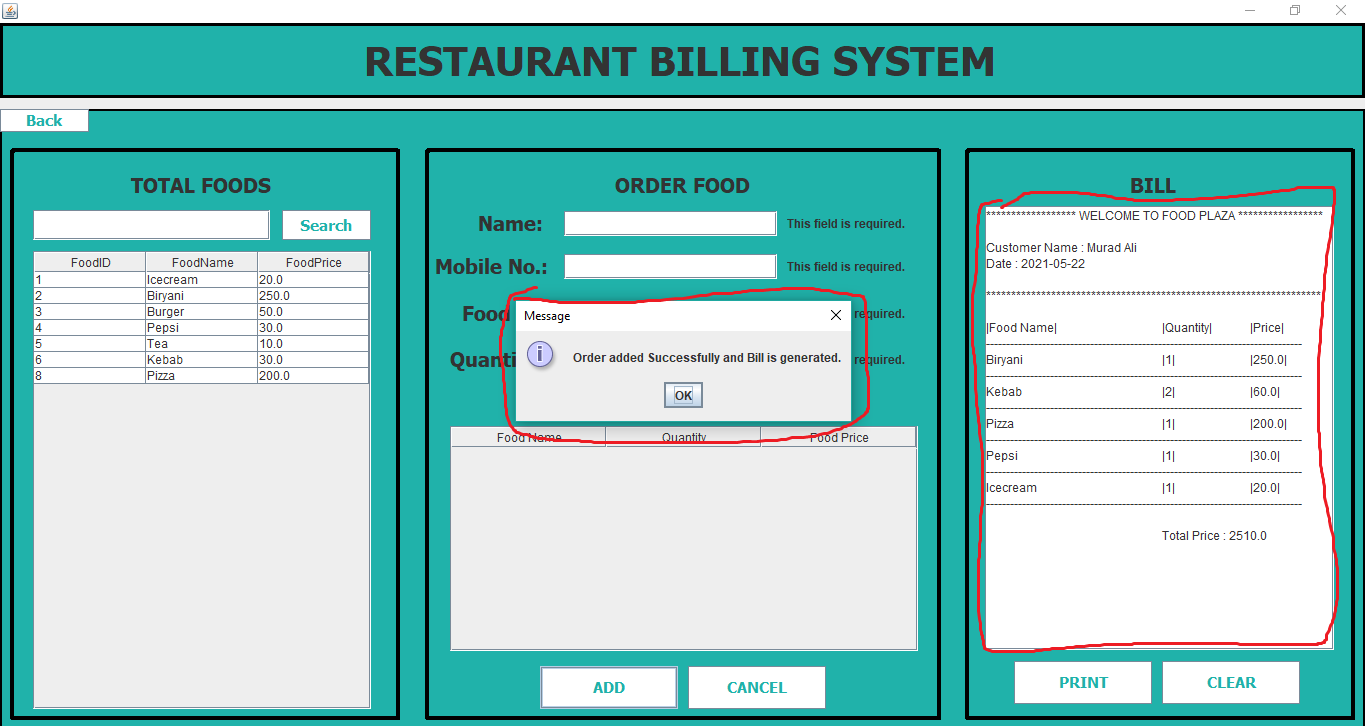 Restaurant Billing System Project using Java & MySQL
