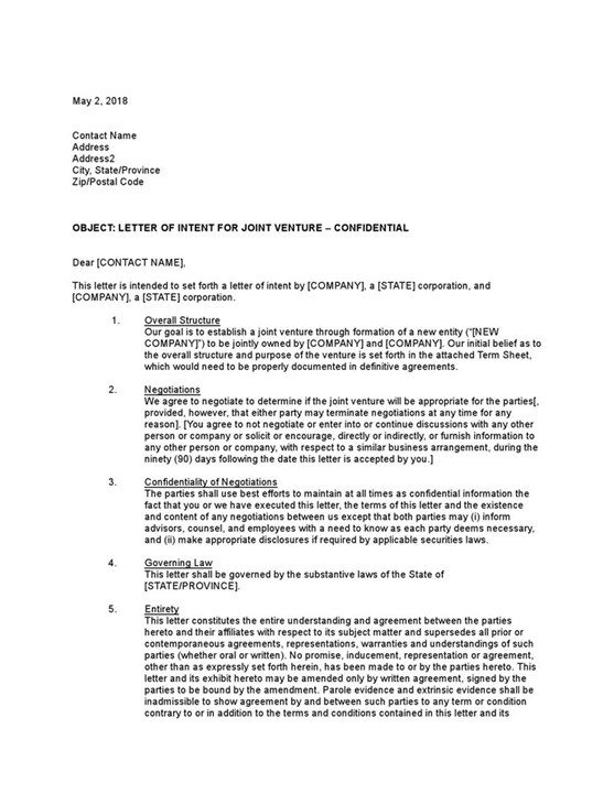Joint Venture Letter Of Intent Template ~ Resume Letter