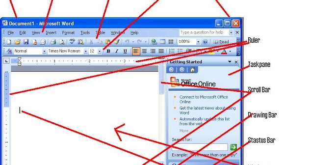 Parts of Microsoft Word 2003 Window - www.etutorialnotes.blogspot.com