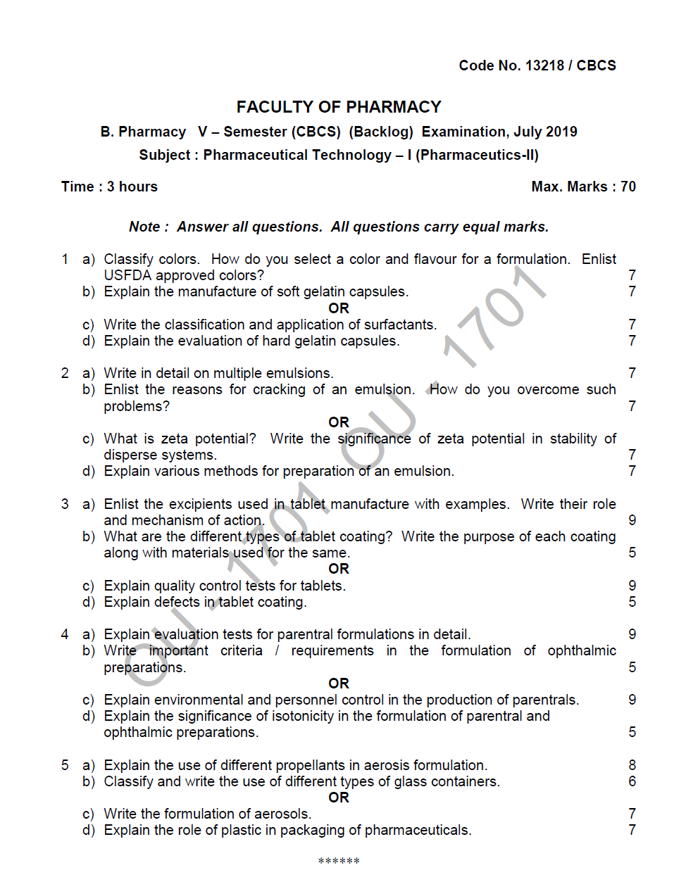 Osmania University B. Pharmacy V-Semester (CBCS) (Backlog) Subject ...