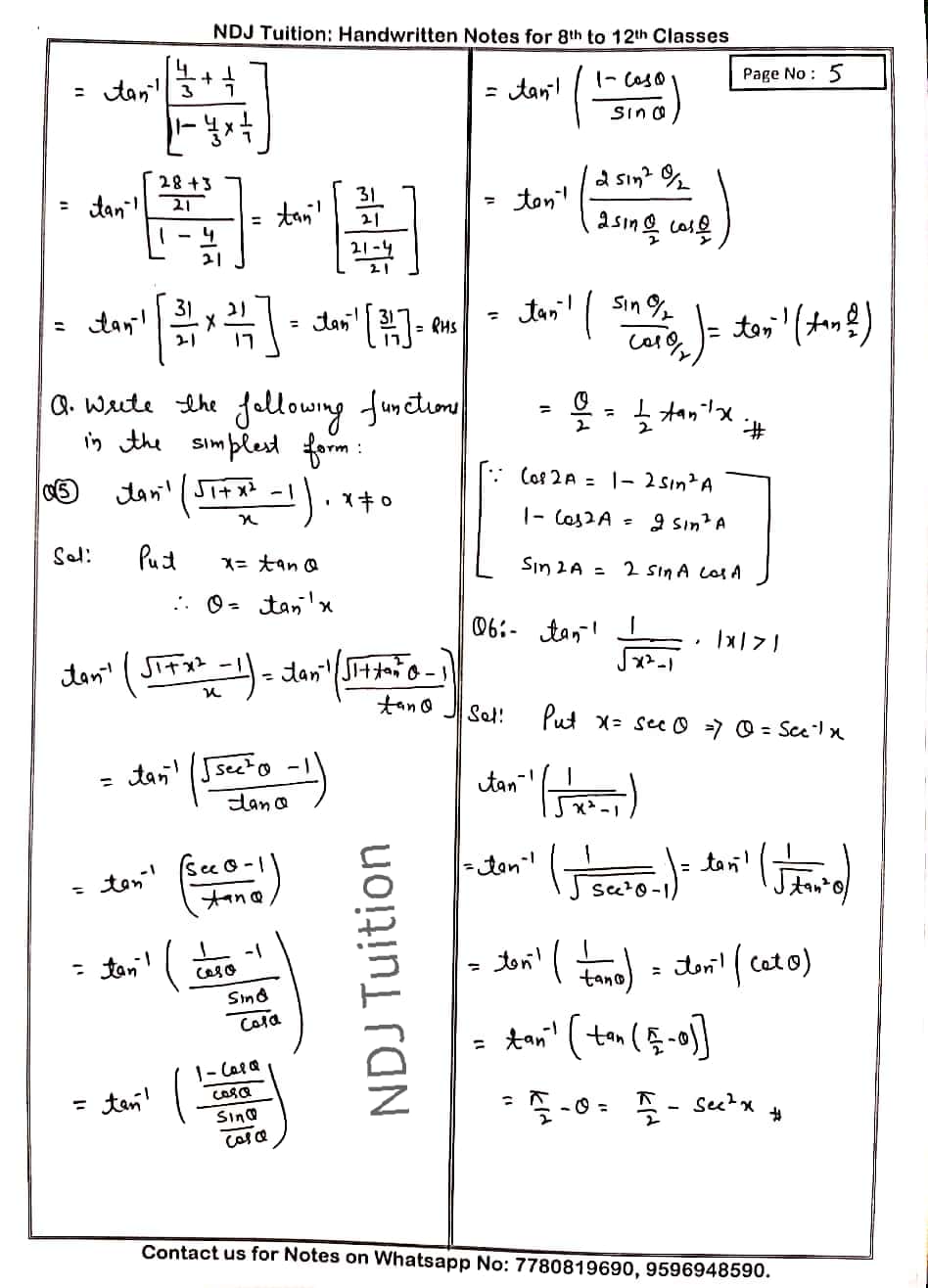 Inverse Trigonometry Function Handwritten Notes for 12th Math