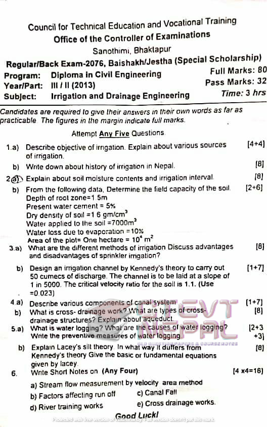Irrigation and Drainage Engineering - 6th semester question papers ...