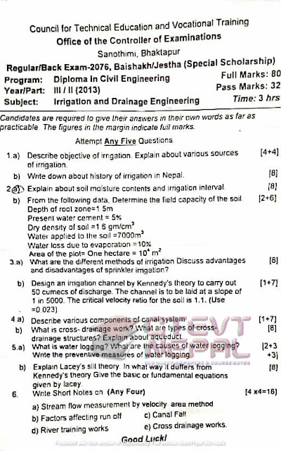 Irrigation and Drainage Engineering - 6th semester question papers ...