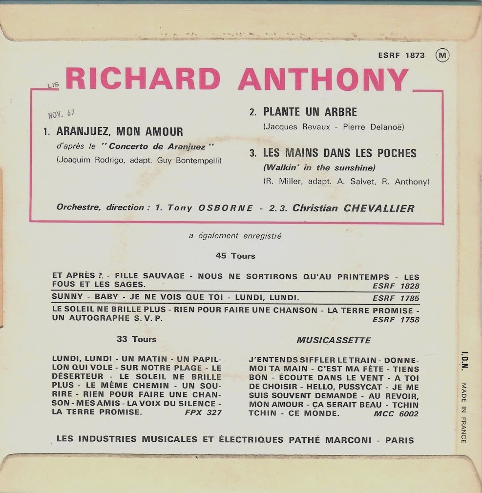 Les EPs français: Richard ANTHONY - 1967 - FR-COLUMBIA 1873 - Aranjuez ...