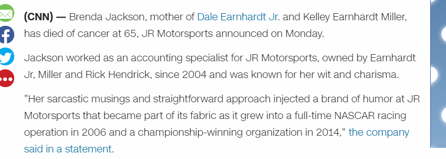 The Mindless Freaks: Brenda Jackson, Mother of Dale Earnhardt Jr dies ...