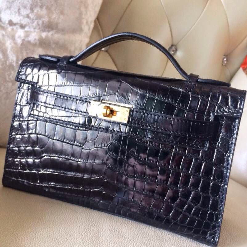 hermes belts: Hermes long kelly wallet black crocodile leather