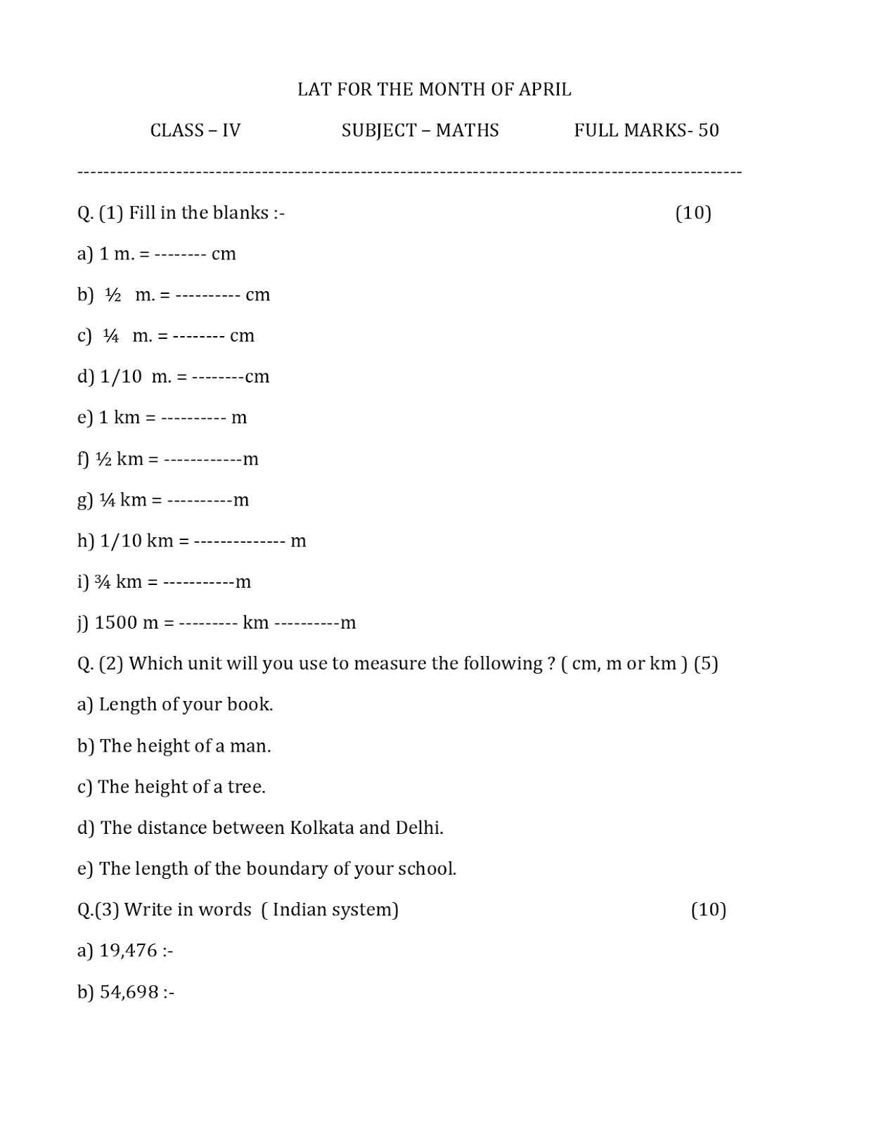 CLASS 4 MATH WORKSHEET (BUILDING WITH BRICK & LONG AND SHORT)