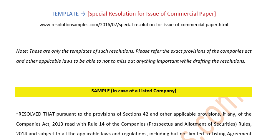 Shareholders' Special Resolution for Issue of Commercial Paper