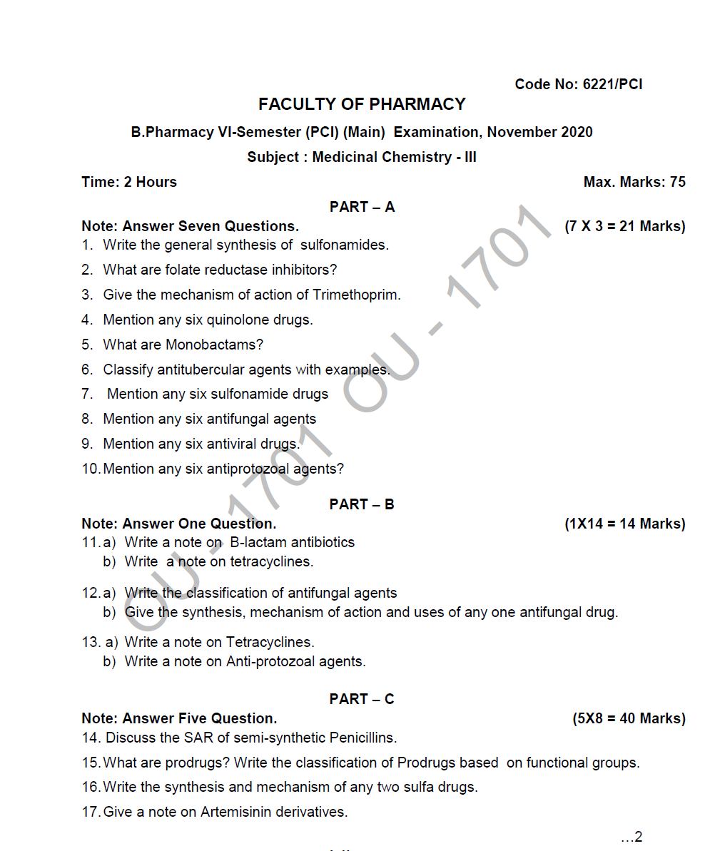 Osmania University B. Pharmacy VI-Semester (PCI) (Main) Subject ...