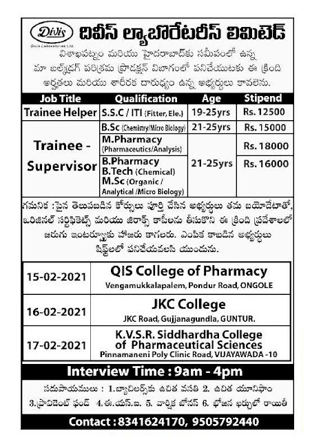 Divis Laboratories Limited - Walk-In Drive for B.Pharm / M.Pharm / B.Sc / M.Sc / B.Tech / SSC ...