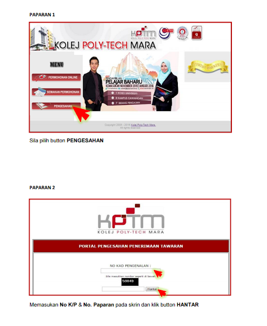KOLEJ POLY-TECH MARA: CARA BUAT PENGESAHAN ONLINE KEMASUKAN KE KPTM