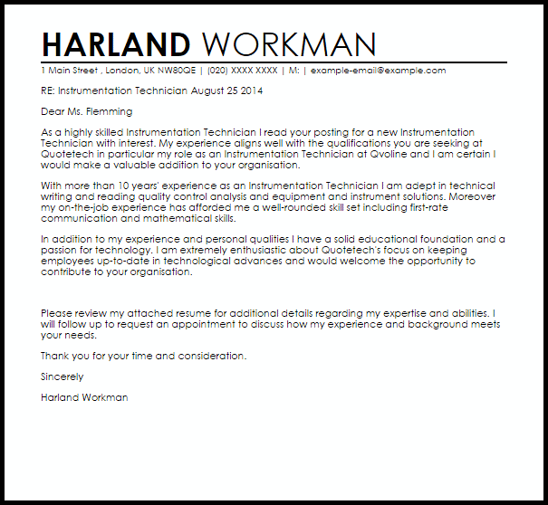 Instrumentation And Control Engineer Cover Letter - Cover Letter