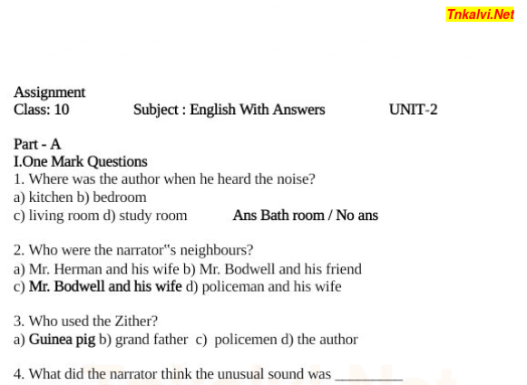 10th Standard - Assignment 2 - Answer Key - English - Tnkalvi .net