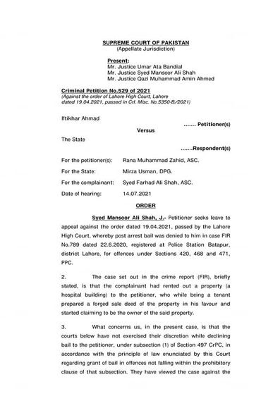 Principle relating to post-arrest bail in offences not falling within prohibitory clause of ...