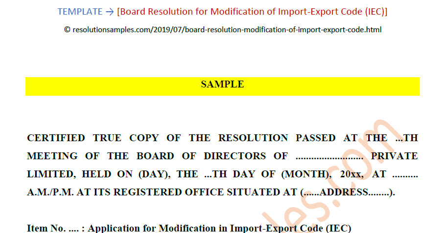 Board Resolution for Modification of Import-Export Code (IEC)