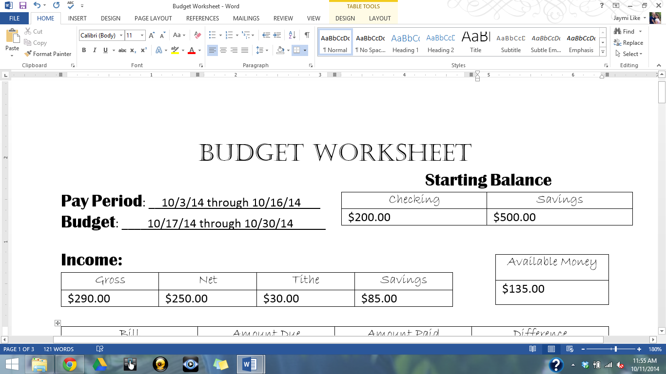 One Simple Star: High School/College Student Budget Worksheet