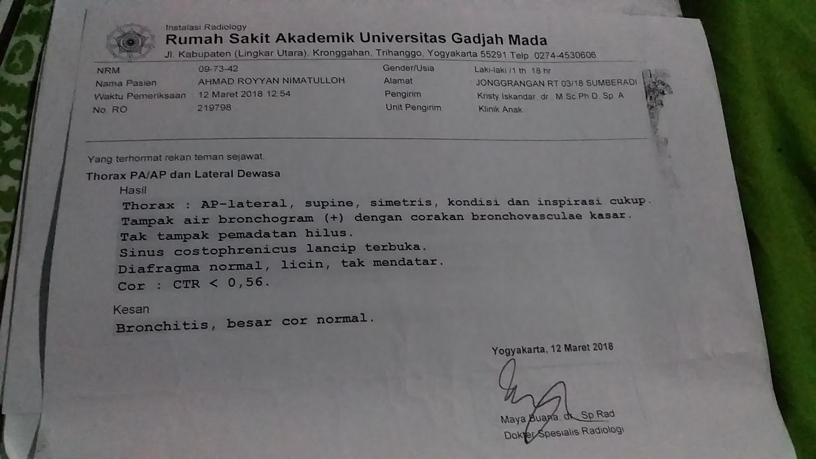 Contoh Laporan Hasil Radiologi Diagnosis TB Kelenjar pada Anak