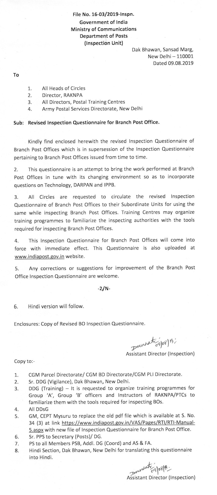 Revised Inspection Questionnaire for Branch Post Office