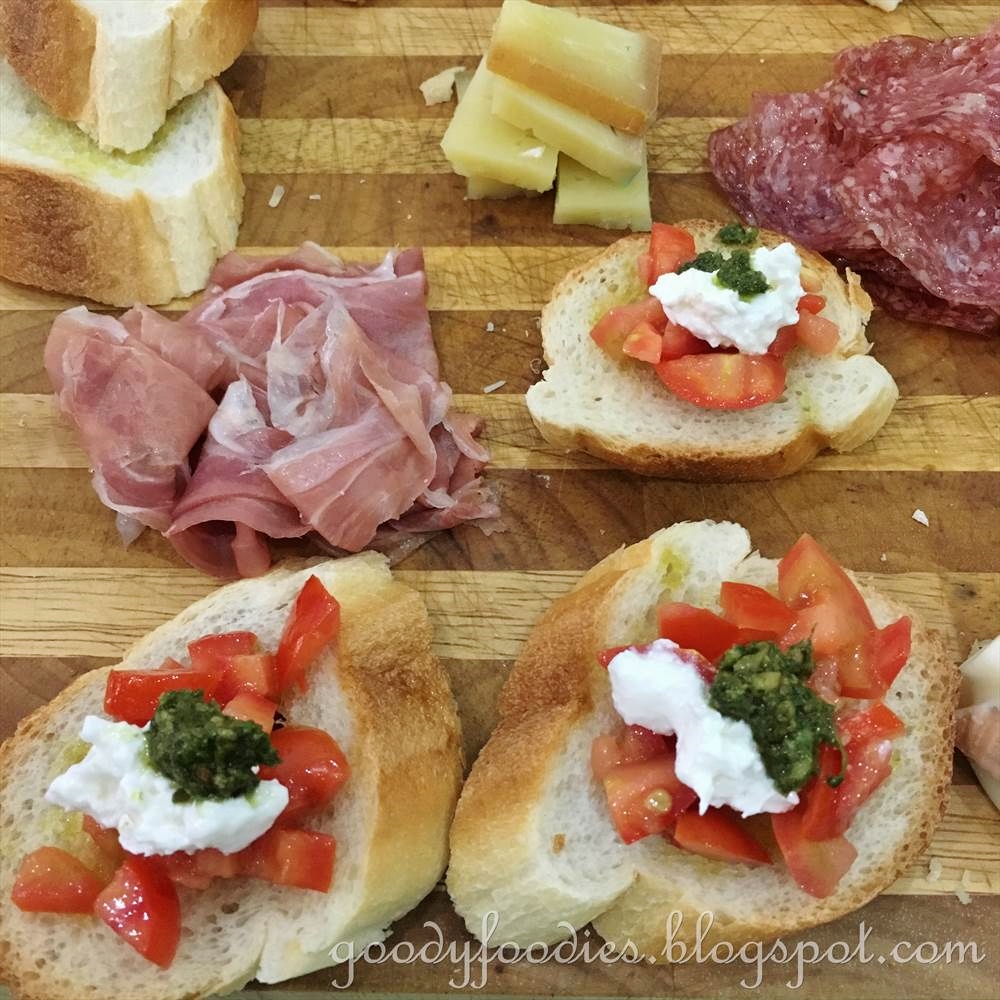 GoodyFoodies: Recipe: Tomato Bruschetta with Burrata Cheese and Basil Pesto