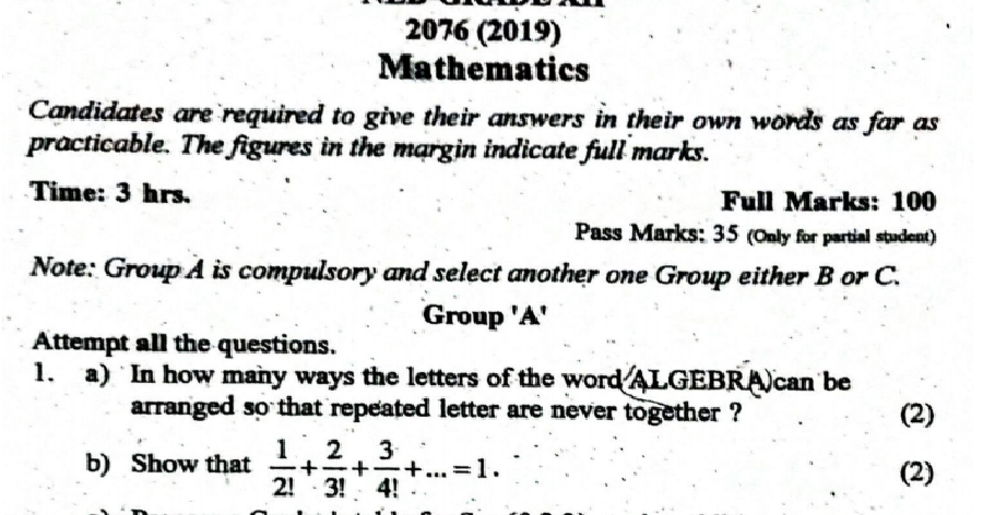Grade 12 Mathematics Questions Paper- NEB (2019) - Math Village