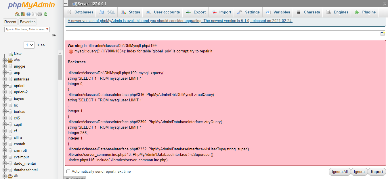 mysqli::query(): (HY000/1034): Index for table 'global_priv' is corrupt; try to repair it ...