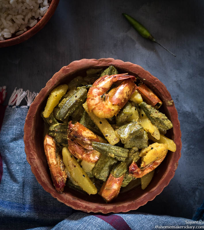 Sorshe, Dharosh, Chingri or okra with prawn in mustard sauce - A ...