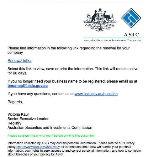 JustLocal (Just Local): ASIC renewal email faked