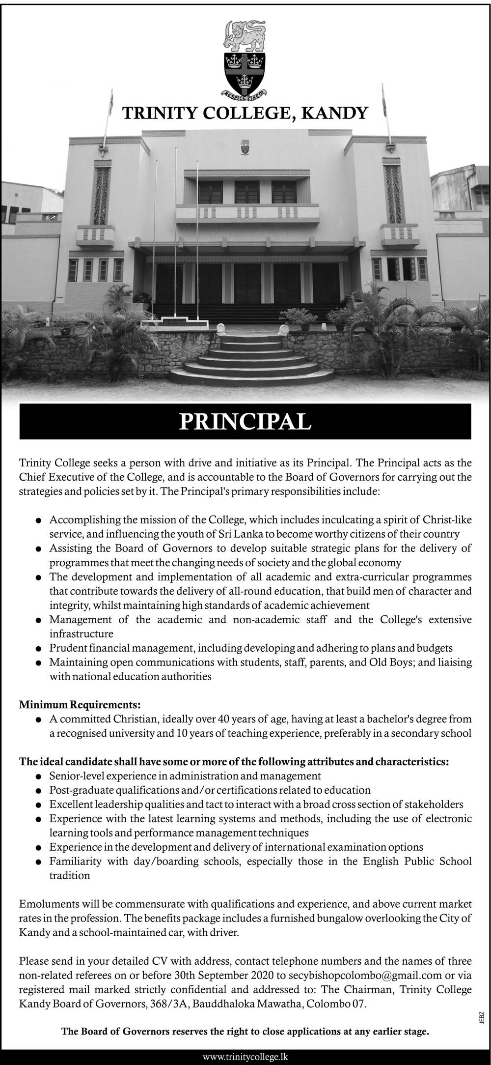 Principal Vacancy @Trinity College, Kandy - Teacher
