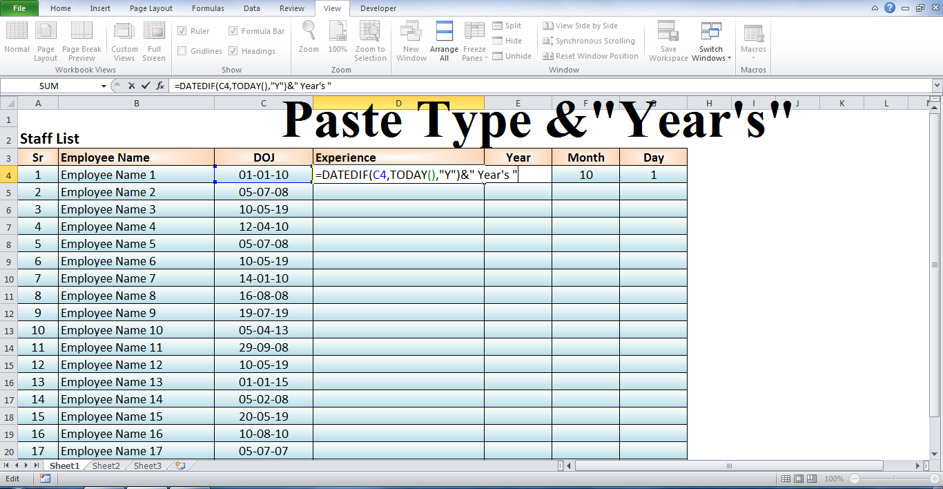 Calculate Experience in Excel Using Formula DATEDIF - KING OF EXCEL