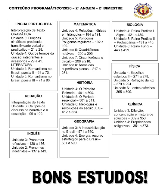 CONTEÚDO PROGRÁMATICO - 2º ANO/ ENSINO MÉDIO - 2º BIMESTRE