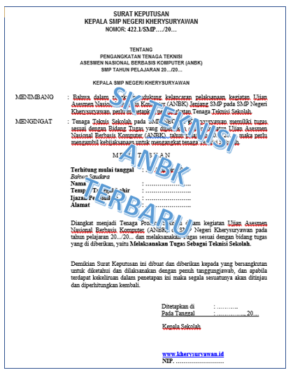 Contoh SK Teknisi ANBK Jenjang SD,SMP,SMA/SMK Tahun 2024 - Kherysuryawan.id