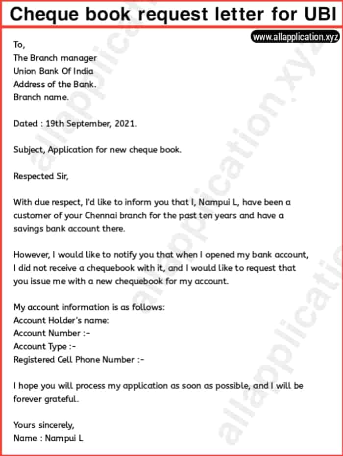 Cheque Book Request Letter For Union Bank Of India (UBI).