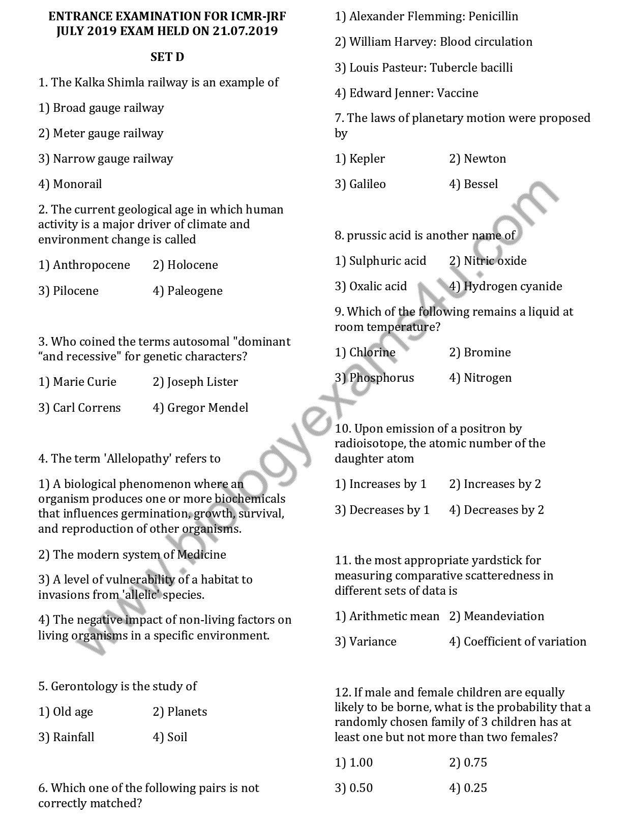 ICMR JRF Life Science 2019 Question Paper