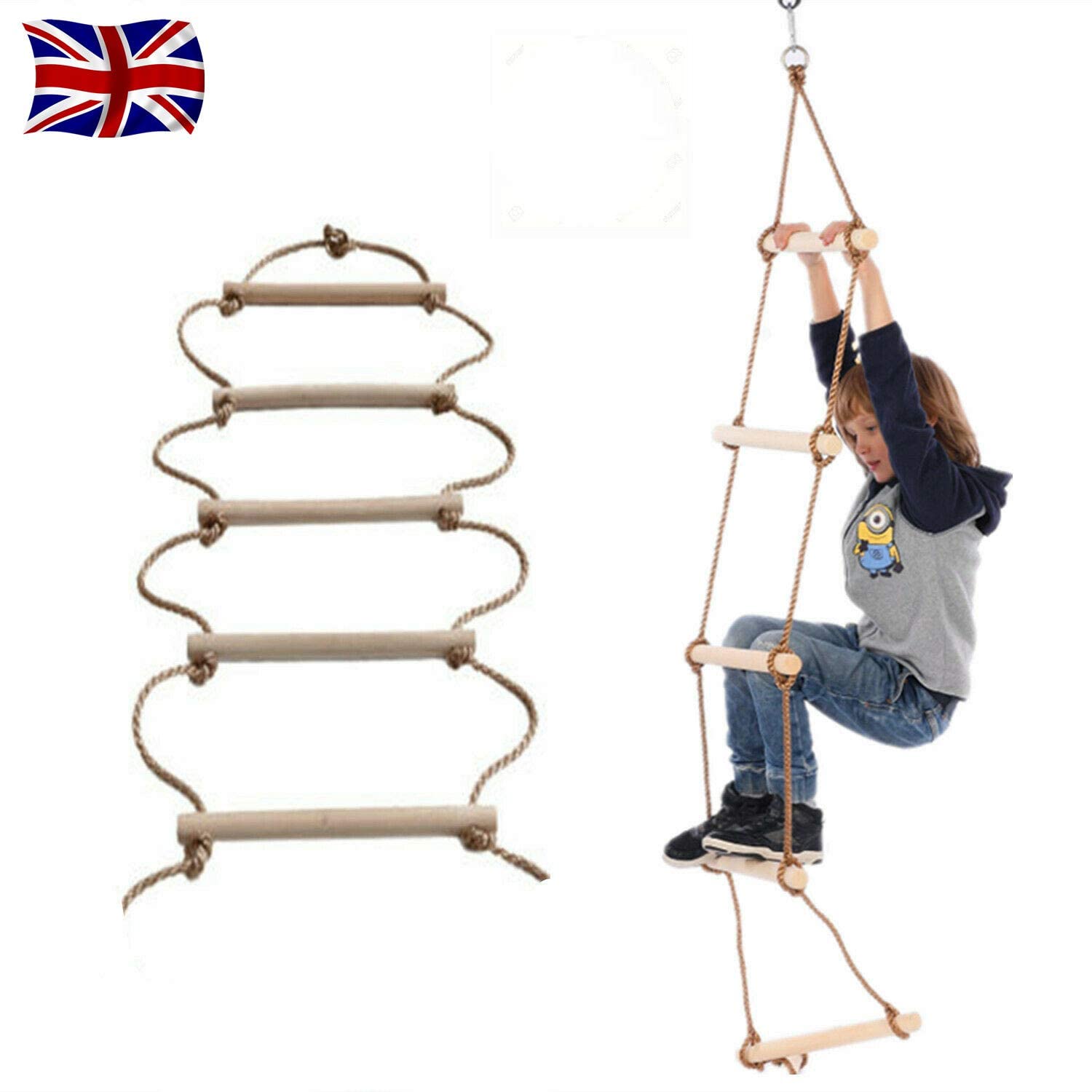 Kids Rope Ladder Wooden Large 5 Rungs with Straps and Safer Lock Snap ...