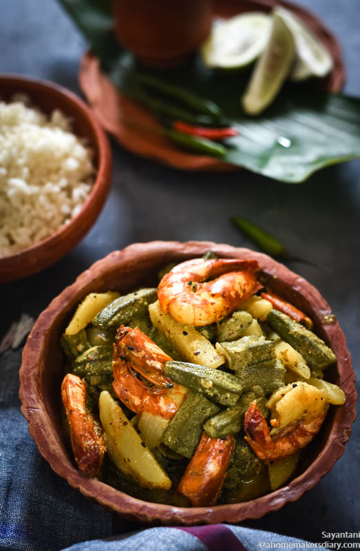 Sorshe, Dharosh, Chingri or okra with prawn in mustard sauce - A ...