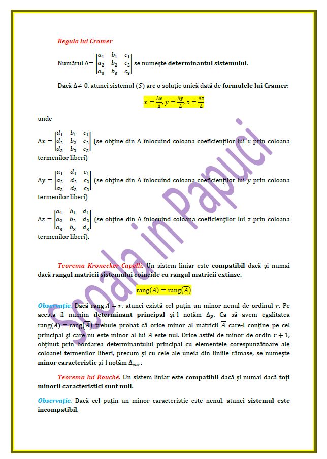 Sisteme de trei ecuaţii cu trei necunoscute. Regula lui Cramer. Teorema ...
